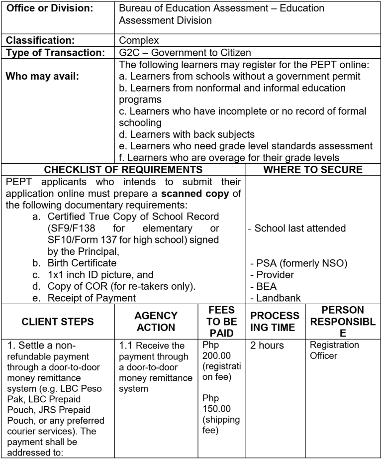 Application for Philippine Educational Test (PEPT) • DepEd Tambayan